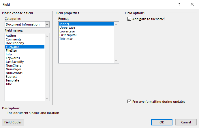 Inserting A Document s File Location Microsoft Word 